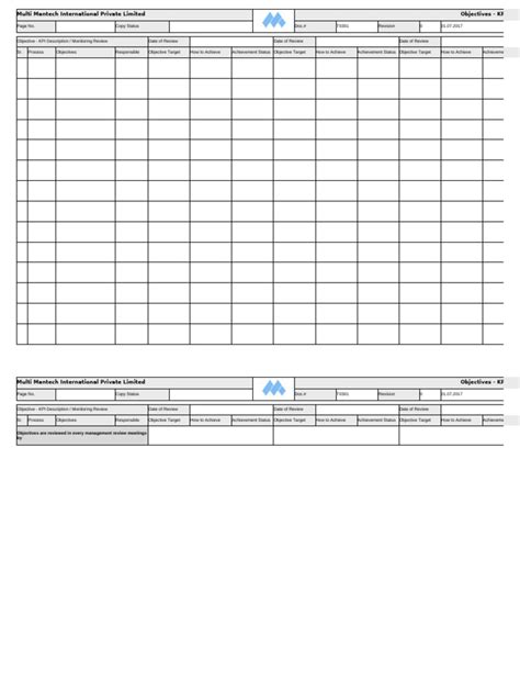 T0301 Objectives Kpi Form Pdf