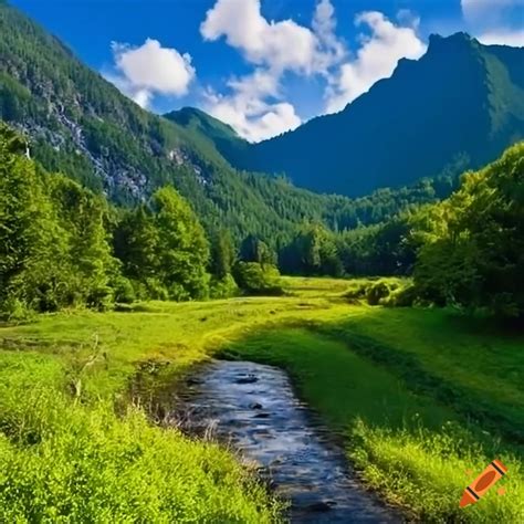 Scenic Landscape With A River Farmhouse Trees And Mountains On Craiyon