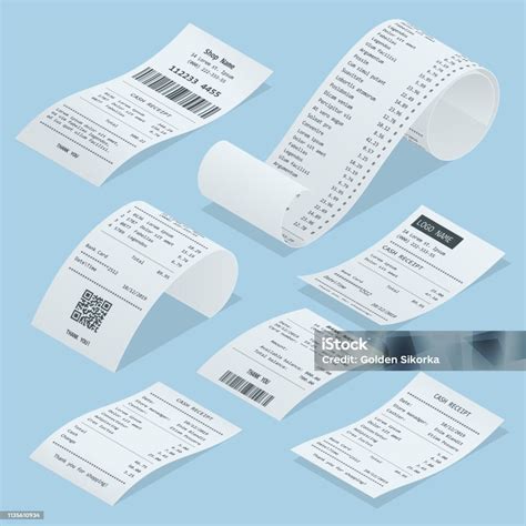 종이 검사 및 고립 된 재정 검사의 아이소메트릭 세트 열 연 종이에 인쇄 된 금전 등록기 판매 영수증 현금 영수증 벡터 일러스트 지폐에 대한 스톡 벡터 아트 및 기타 이미지