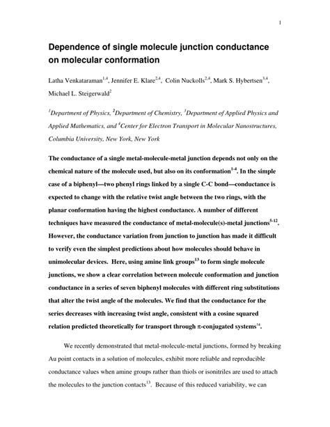 Pdf Dependence Of Single Molecule Junction Conductance On Molecular Conformation