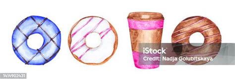 흰색 배경에 고립 된 도넛과 커피 머그잔 3 개 파란색 초콜릿 흰색 수채화 도넛과 커피 컵 일러스트레이션 손으로 그린 빵집 물건