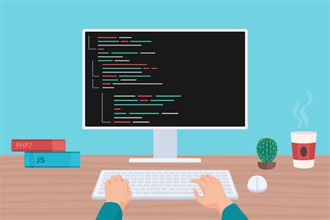 코딩 및 프로그래밍 컴퓨팅 Pc 데스크톱 헤드 모니터보기 자신의 Pc 컴퓨터에서 작업하는 프로그래머 손 개발에 대한 스톡 벡터