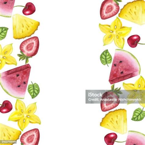 과일 수박 파인애플 카람볼라 딸기 조각 액자 하와이 클립 아트 손으로 그린 수채화 그림은 흰색 배경에 고립되어 있습니다 인쇄