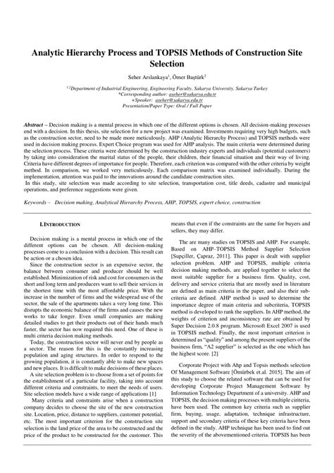 Pdf Analytic Hierarchy Process And Topsis Methods Of Construction Site Selection