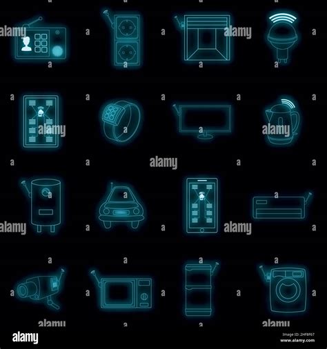 Smart Home System Icons Set Illustration Of 16 Smart Home System Vector Icons Neon Color On