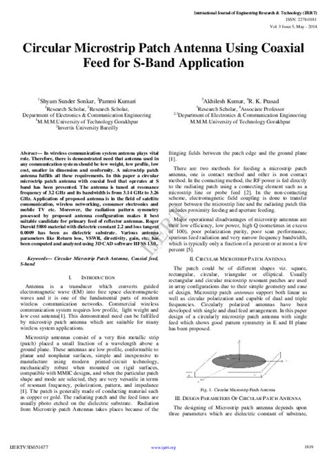 Pdf Circular Microstrip Patch Antenna Using Coaxial Feed For S Band
