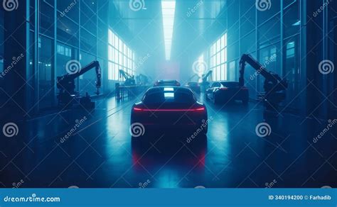 Modern Car Factory With Robotic Arms Assembling Electric Vehicles Stock