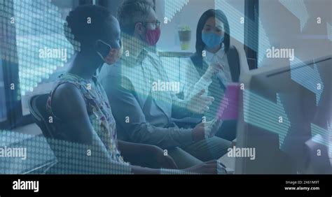 image of multiple arrows over diverse coworkers wearing masks and