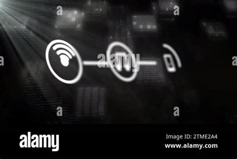 Animation Of Icons Connected With Lines Over Binary Codes And Illuminated Dots Forming Squares