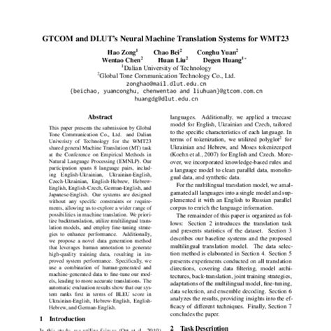 Gtcom And Dluts Neural Machine Translation Systems For Wmt23 Acl