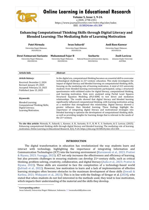 Pdf Enhancing Computational Thinking Skills Through Digital Literacy And Blended Learning The