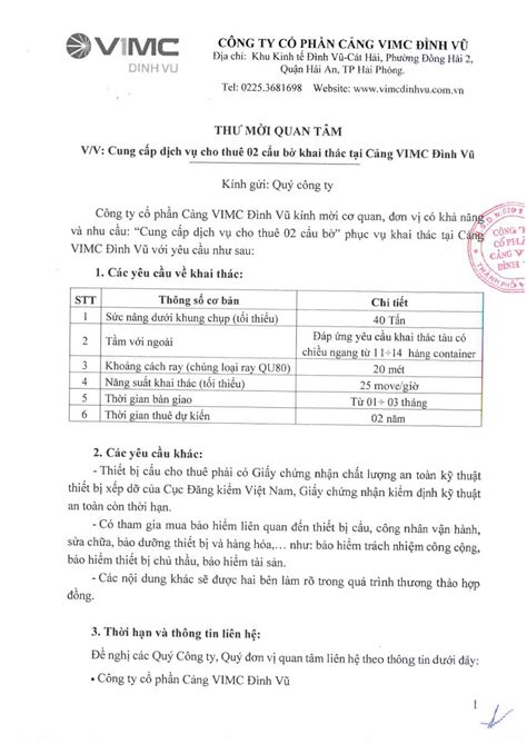 Thư Mời Quan Tâm Cung Cấp Dịch Vụ Cho Thuê 02 Cẩu Bờ Khai Thác Tại Cảng Vimc Đình Vũ Tổng