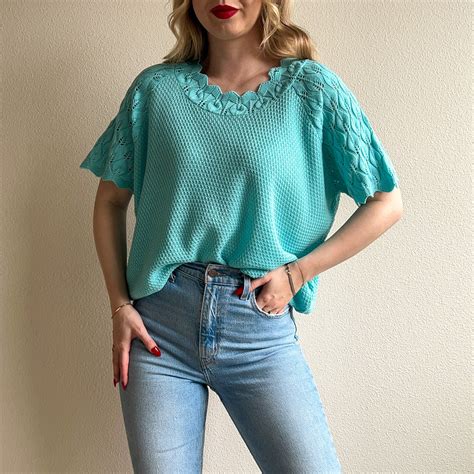 1980s Turquoise Sweater With Short Sleeves Lxl Studio Gloria Vintage