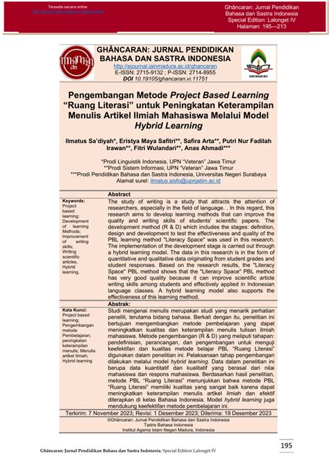 Pdf Pengembangan Metode Project Based Learning “ruang Literasi” Untuk