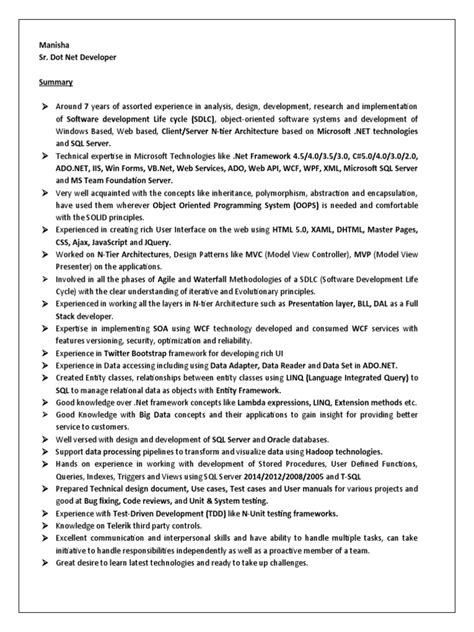 sr dot net developer resume pdf language integrated query ajax