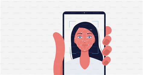 얼굴 인식 기술 화면에 만화 여자와 함께 전화기를 들고 있는 손 얼굴 인식 스캐너 앱 흰색 배경에 분리된 평면 만화 벡터 그림 사진 Unsplash의 무선