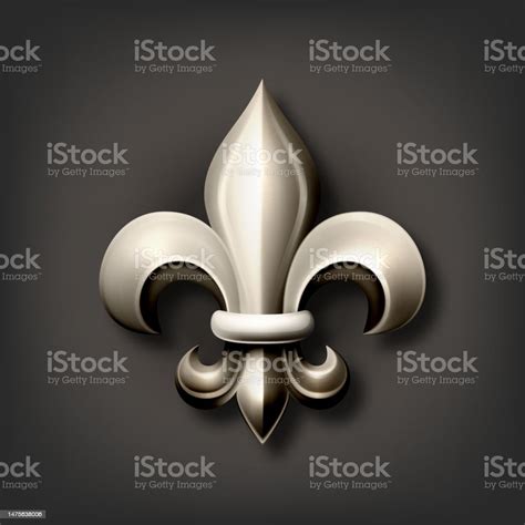 벡터 3d 현실적인 금속 청동 은색 Fleur De Lis 아이콘 근접 촬영은 검은 배경에 격리되어 있습니다 전령 백합 컬렉션 전면 보기 벡터 일러스트 레이 션 백합 문장에