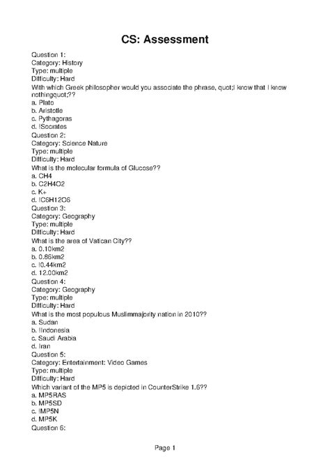 CS Review CS Review CS Assessment Question Category History Type Multiple
