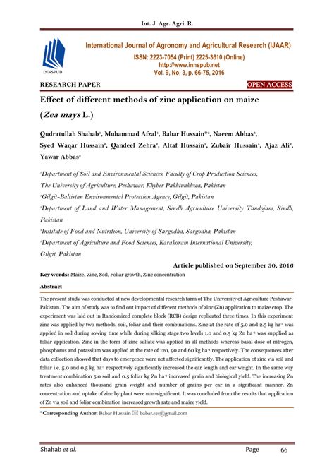 Pdf Effect Of Different Methods Of Zinc Application On Maize Zea