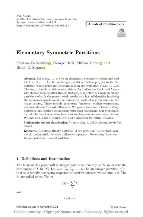 elementary symmetric partitions request pdf
