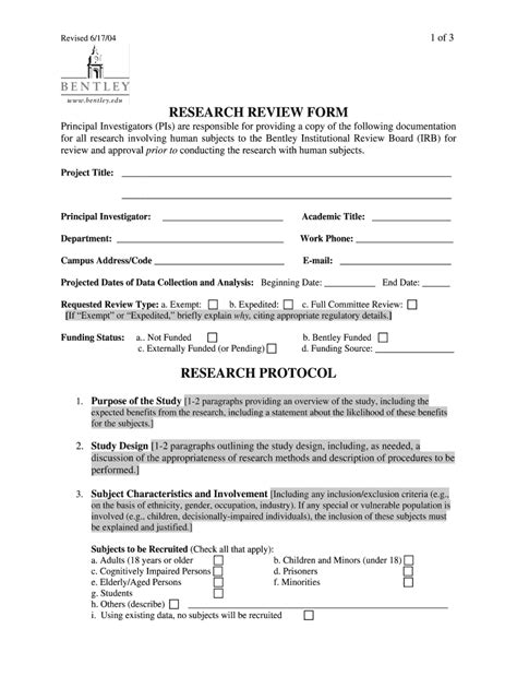 Research Review Form Research Protocol Bentley Fill Out And Sign