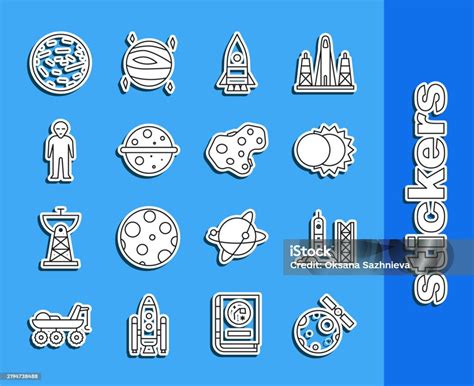 지구 궤도를 도는 위성 우주 정거장에서 로켓 발사 태양 배 행성 금성 외계인 화성 및 소행성 아이콘의 일식을 설정합니다 벡터