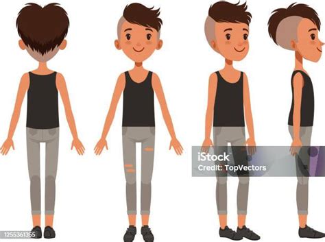 다른 측면 앞 후면 뷰 만화 스타일 벡터 일러스트에서 패션 의류에 귀여운 소년 캐릭터의 전체 길이 초상화 규모에 대한 스톡 벡터 아트 및 기타 이미지 Istock
