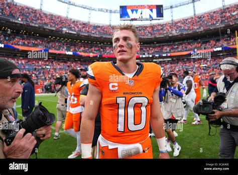 Denver Broncos Quarterback Bo Nix 10 Celebrates The Win Against The