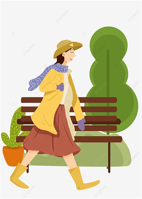 봄 일러스트 투어 그림 어린 소녀 노란 모자 벤치 식물 장식 노란 모자 녹색 나무 Png 일러스트 및 Psd 이미지 무료 다운로드 Pngtree