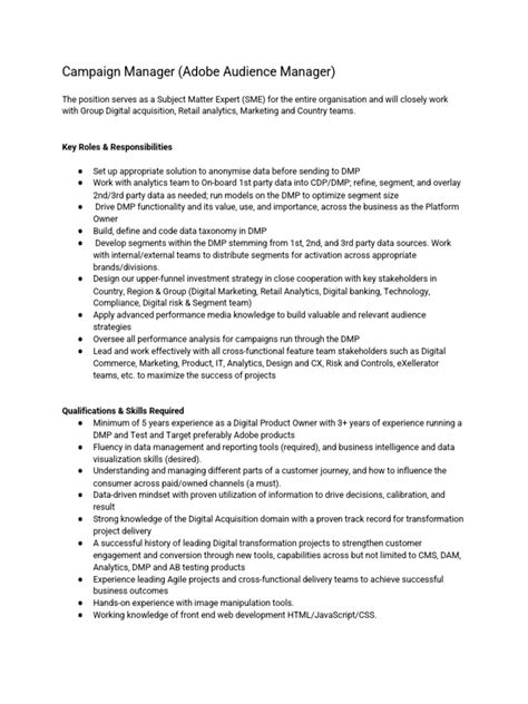 Hiring Jd For Adobe Audience Manager Pdf Analytics Business