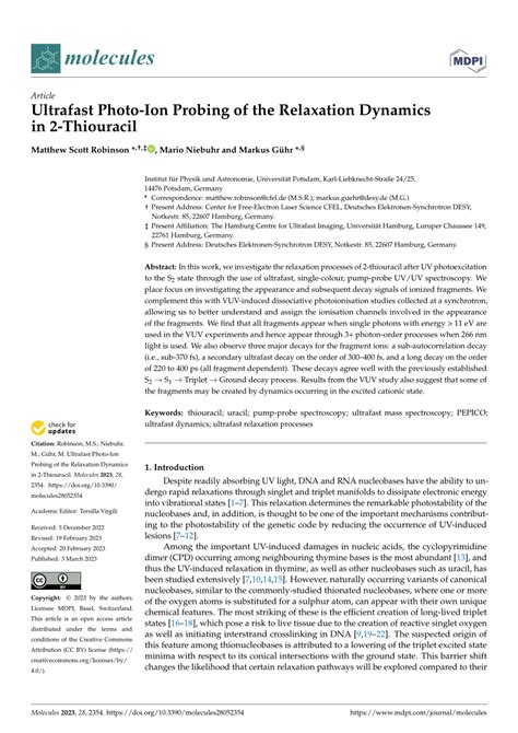Pdf Ultrafast Photo Ion Probing Of The Relaxation Dynamics In 2 Thiouracil