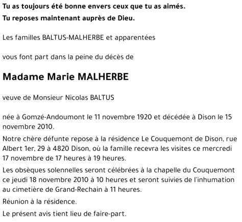 Avis De Décès De Marie Malherbe Décédé Le 15 11 2010 à Dison Annonce Condoléances Fleurs