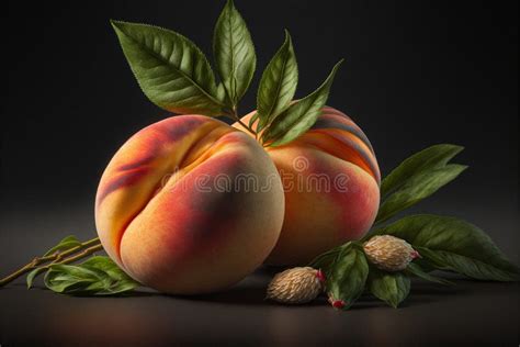 Luscious Fresh Ripened Peaches With Leaves Stock Illustration