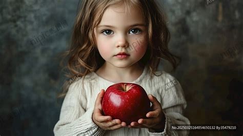 Ai创作图小女孩 苹果 手捧 童真 孩童 水果 红色 大眼睛 卷发 毛衣 表情 摄影 人像 可爱 纯色背景 昵图网