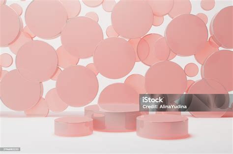 흰색 추상 무대 모형 3 개의 분홍색 플라스틱 부드러운 원형 연단 플라잉 서클 장식 템플릿 3d 일러스트 레이 션 현대 패션 장면 프리젠 테이션 화장품 상품 광고 판매 3