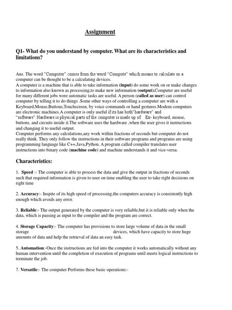 assignment q1 what do you understand by computer what are its