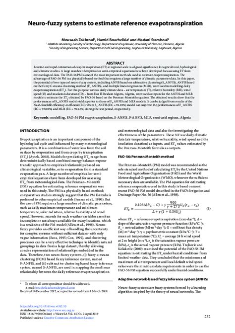 (PDF) Neuro-fuzzy systems to estimate reference evapotranspiration ...