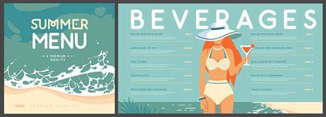트로픽 비치 배경에 수영복을 입은 아름 다운 소녀와 함께 복고풍 플랫 여름 칵테일 메뉴 디자인 벡터 일러스트 레이 션 계절에 대한 스톡 벡터 아트 및 기타 이미지 Istock