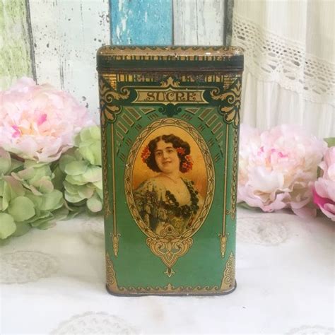 Gorgeous Antique French Tin Litho Box Green Door Wondercabinetarts