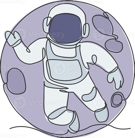 Single Continuous Line Drawing Of Floating Science Astronaut In Spacewalk Flying Against Full