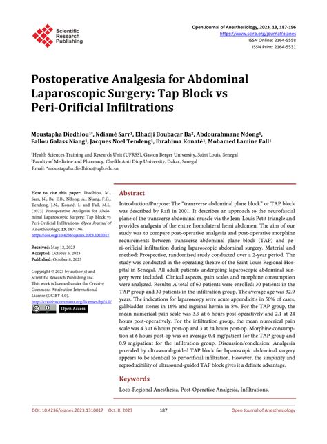 Pdf Postoperative Analgesia For Abdominal Laparoscopic Surgery Tap Block Vs Peri Orificial