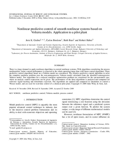 Pdf Nonlinear Predictive Control Of Smooth Nonlinear Systems Based On Volterra Models