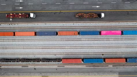 Aerial View Of Shipping Container Rail Terminal Train Wagon Cargo Container For Shipping