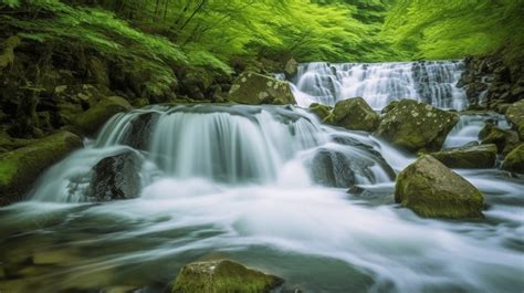 바위가 있는 숲에 물이 흐르는 이미지 히가시나루세 마을의 후도 폭포 아키타 현 02 고화질 사진 사진 배경 일러스트 및