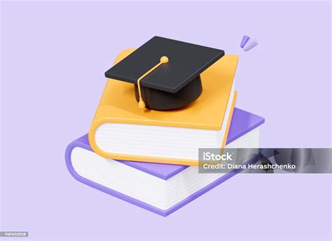 책에 3d 졸업 모자 교육 개념입니다 다시 학교로 대학 지식 학위 수여식 온라인 수업 전자 학습 보라색 배경에 격리된 만화 창조적인 디자인 아이콘 3d 렌더링 3차원 형태에