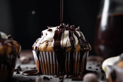 Close Up Of Cupcake With Drizzle Of Chocolate Syrup Stock Illustration