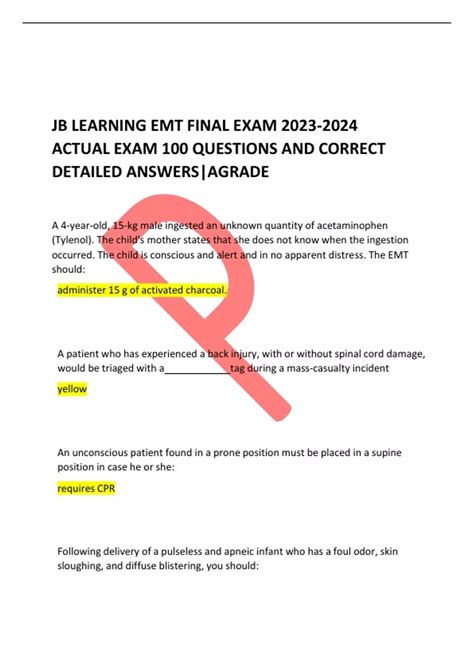JB LEARNING EMT FINAL EXAM ACTUAL EXAM QUESTIONS AND CORRECT