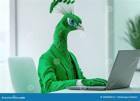 Humanoid Peacock In Emerald Green Suit Working On Laptop In Modern