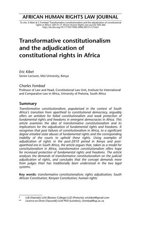 Pdf Transformative Constitutionalism And The Adjudication … Kibet 2