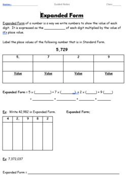 Expanded Form Of Whole Numbers Guided Notes By Gannon S Guided Notes